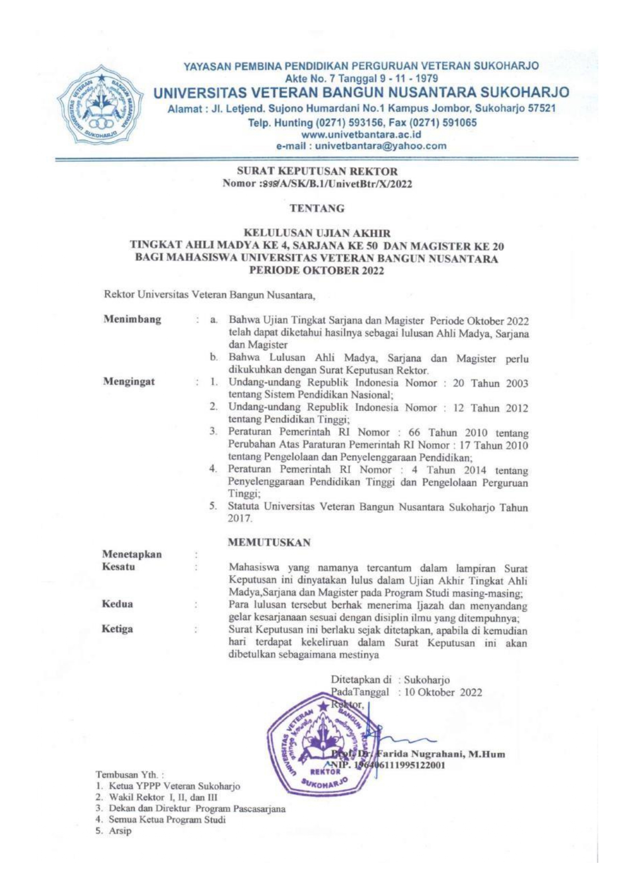 SK Rektor Kelulusan Oktober 2022 – BAA Univet Bantara