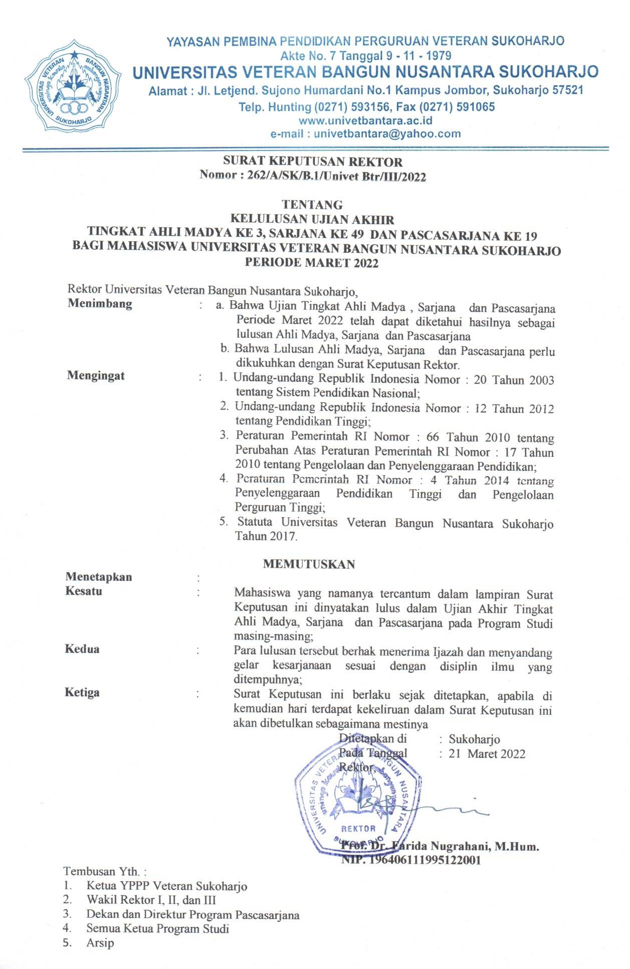 SK Rektor Kelulusan Maret 2022 – BAA Univet Bantara