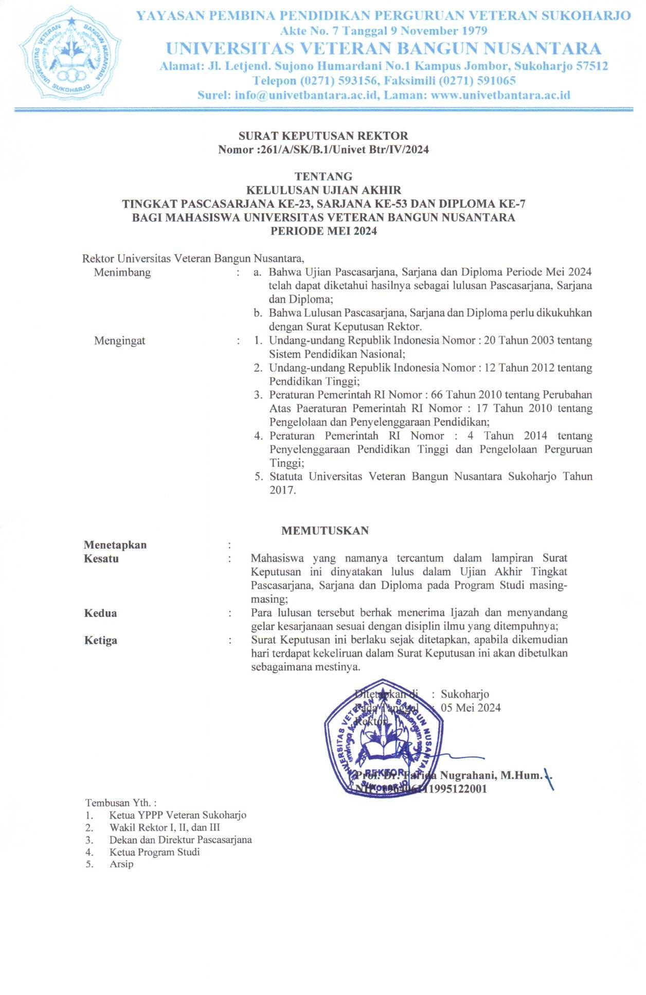 SK Rektor Kelulusan Mei 2024 – BAA Univet Bantara