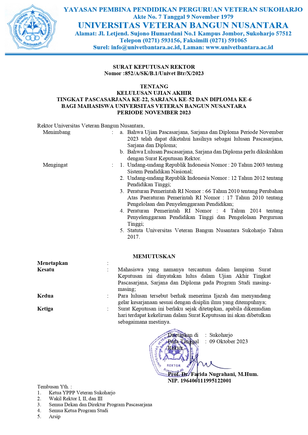 SK Rektor Kelulusan November 2023 – BAA Univet Bantara